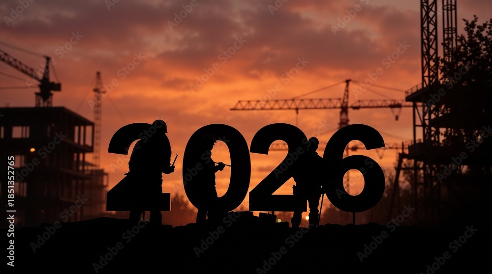 Stock-Illustration „Construction Workers Building 2026 at dusk Teamwork ...