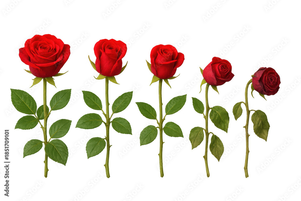 Red roses life cycle showing stages from fresh bloom to wilting and ...