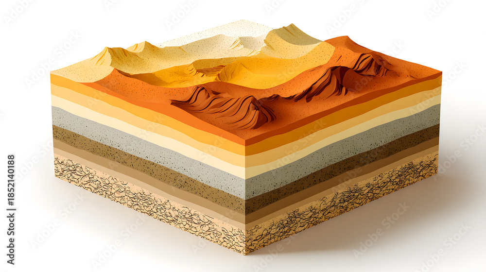 3D isometric view of layered earth crust cross-section with sedimentary ...