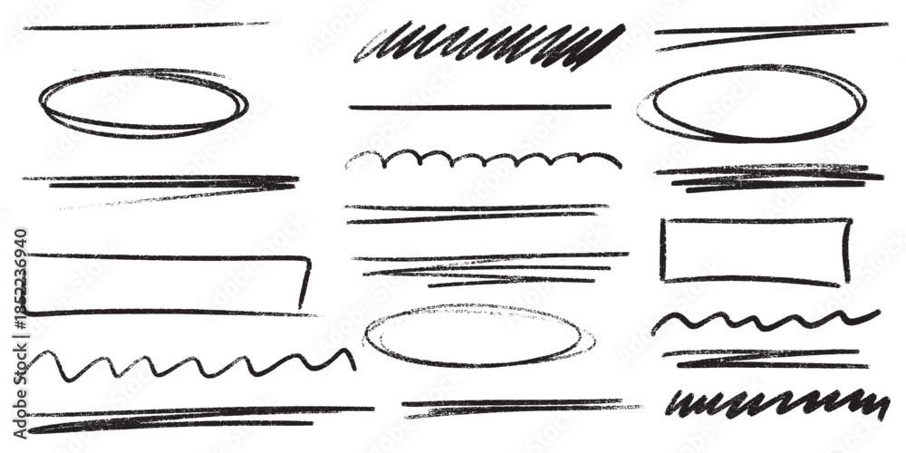 Hand drawn crayon highlight strokes with black underline marks and ...