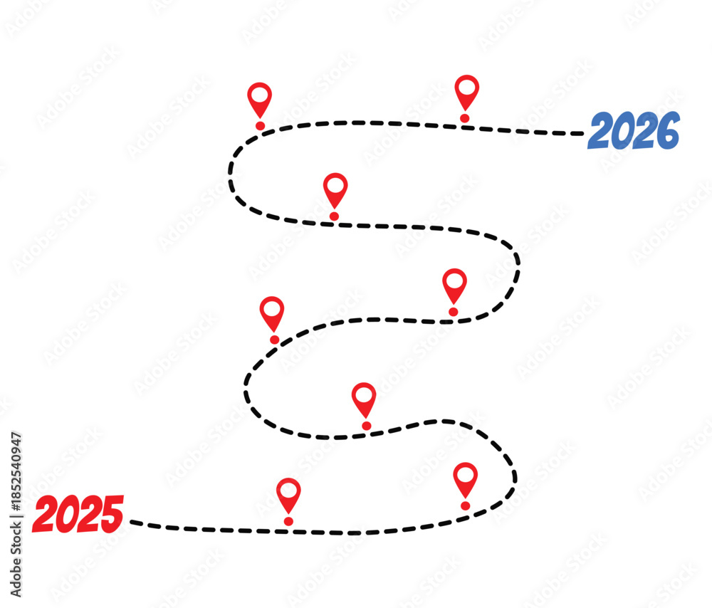 A winding roadmap with a timeline from 2025 to 2026 with concepts of ...
