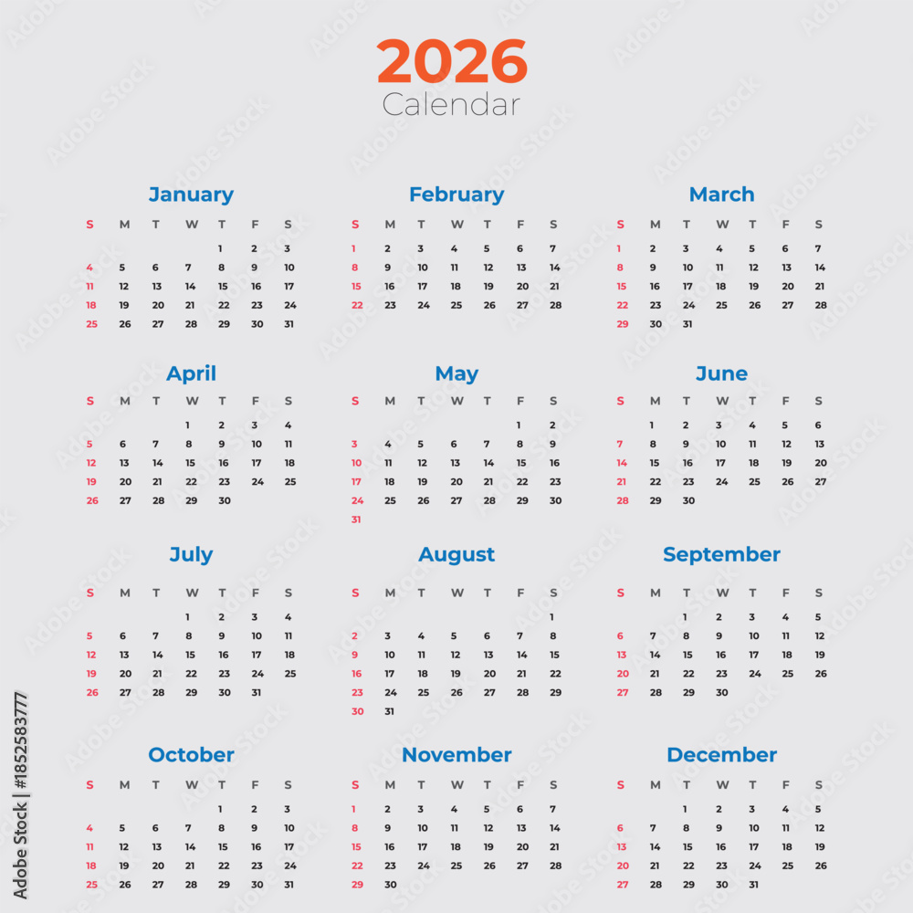 This is a full year 2026 calendar showing all twelve months in a clean ...