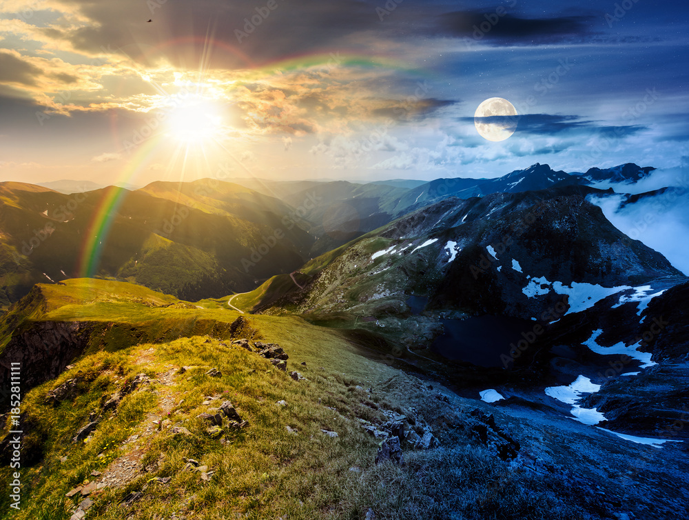 beautiful landscape of mountains. day and night time change concept ...