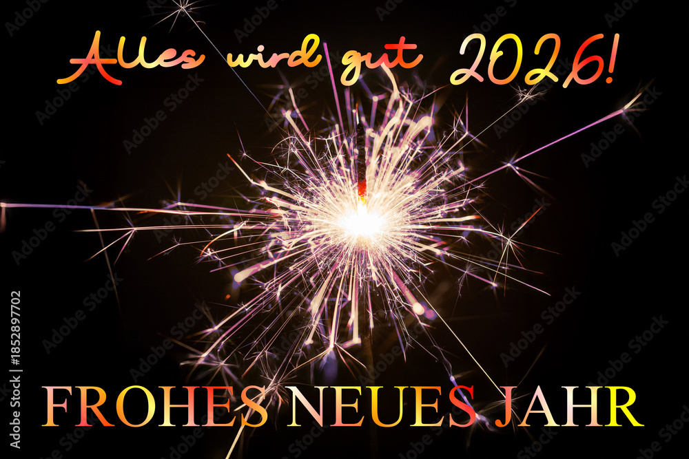 Positive Silvestergrüße 2026: Brennende Wunderkerze und Text ALLES WIRD ...