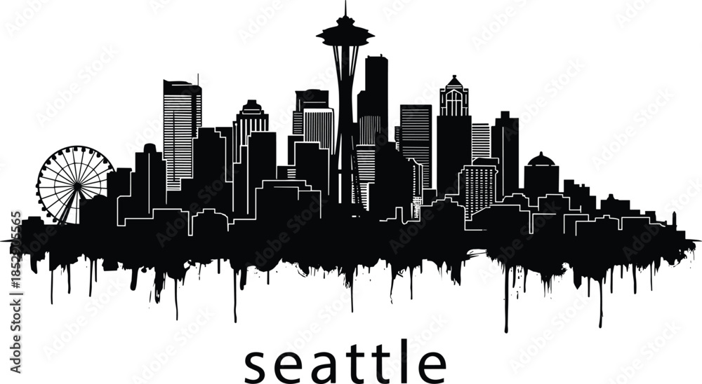 Seattle Washington City Skyline Silhouette, Grunge Dripping Paint Urban ...