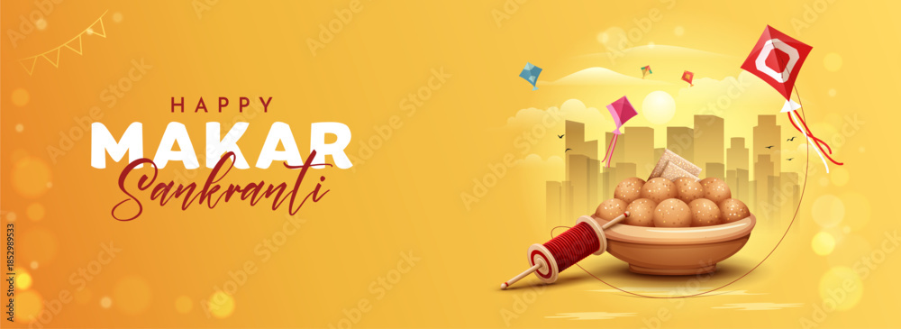 happy makar sankranti festival creative banner design with illustration ...