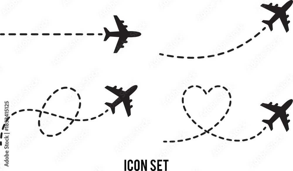 Airplane route with dotted flight path. Flying plane symbol with ...