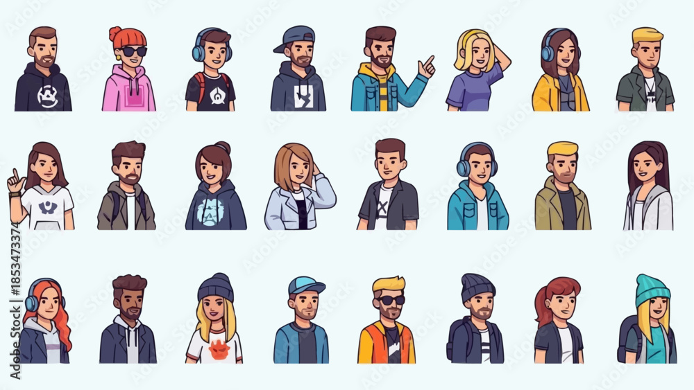 Vetor Collection of Diverse Pixel Art Characters in Casual Attire. do ...