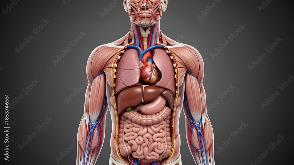 Highly realistic medical cutaway illustration of male human torso ...