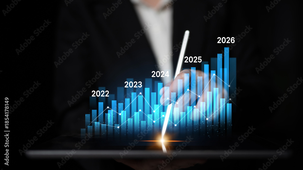 Photo Stock Business bar chart and line graph showing yearly business ...