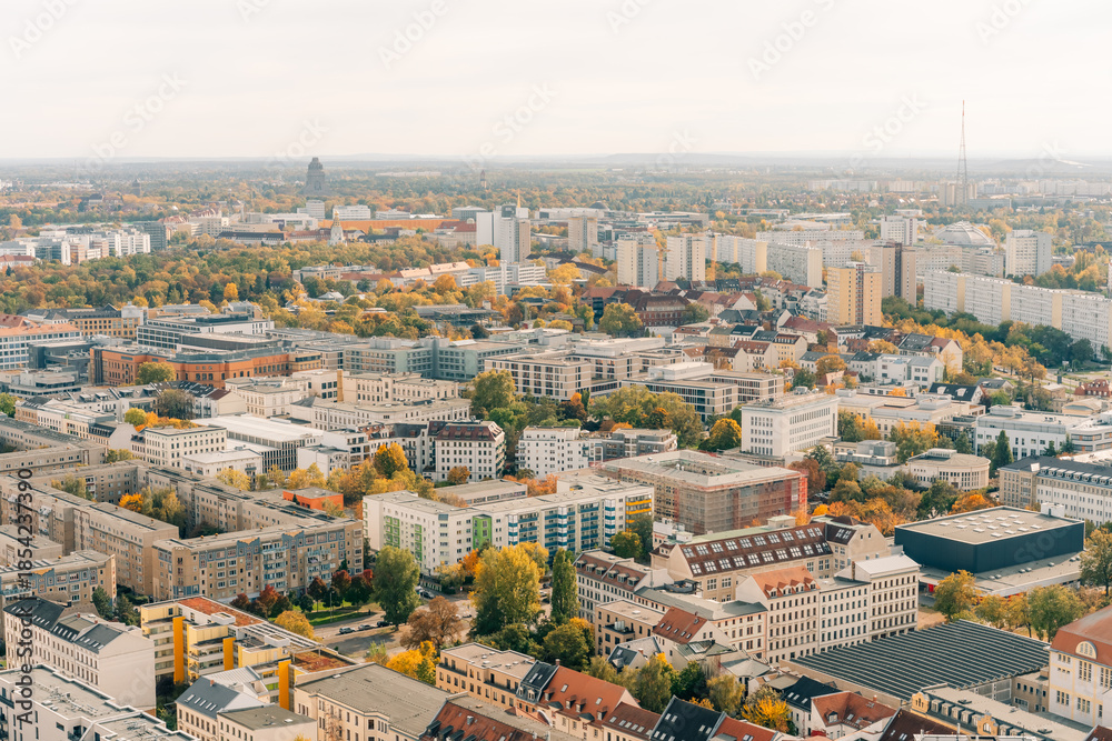 Stock-Foto „The drone aerial view of Leipzig, Germany. Leipzig is the largest city in the German ...