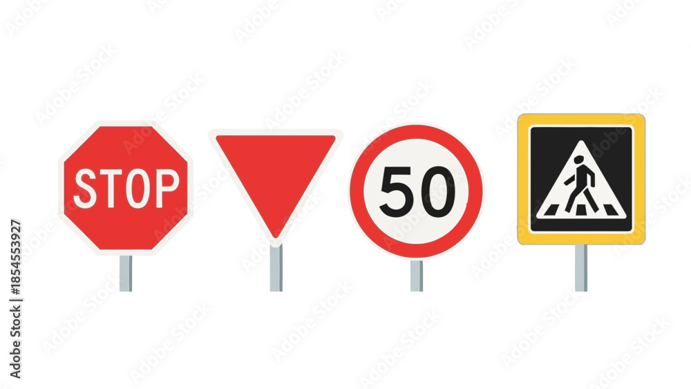Collection of traffic and road signs, including stop, yield, speed ...
