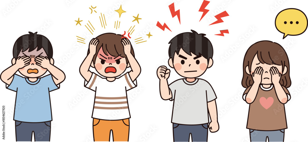 Cute children expressing negative emotions including anger, stress ...