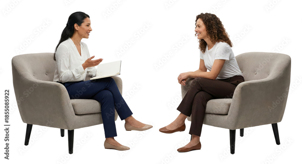 interview or counseling session between two women sitting on beige ...