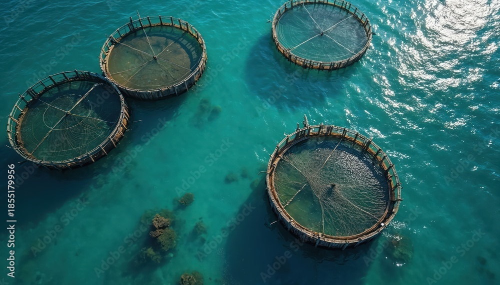 Circular fish farm enclosures float in bright blue ocean water. Netting ...
