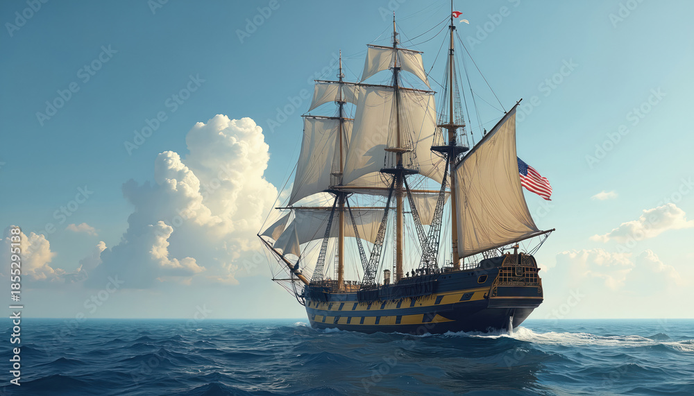 Historic sailing ship HMS Victory navigates blue ocean waves under ...