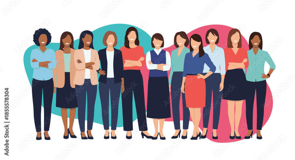 A diverse group of smiling professional women stands together ...