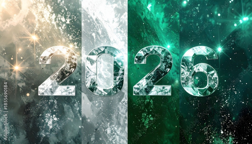 Glowing 3D crystalline number 2026 in emerald, green and white colors ...