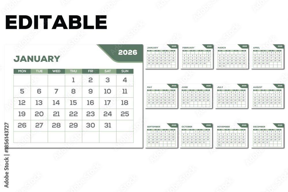 Image vectorielle Stock Printable 2026 calendar template with all ...