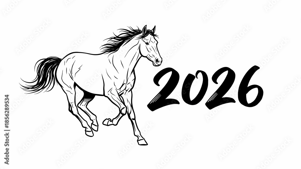 Line drawing of a running horse with the year 2026 in bold text の Stock ...