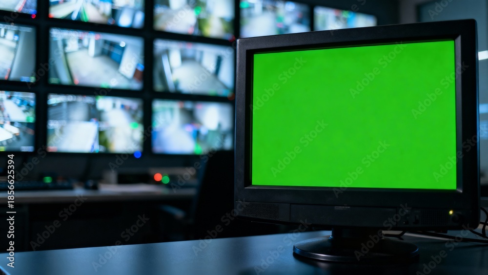 Green screen monitor in a security room with multiple surveillance ...