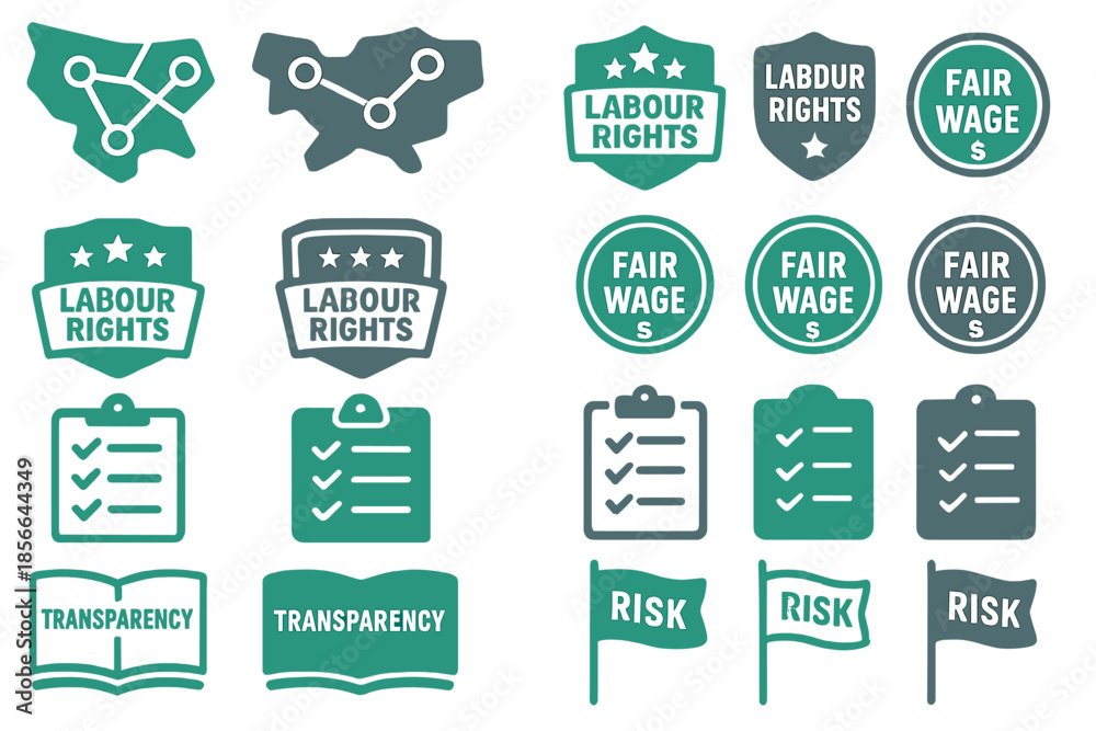 Designs of labor rights symbols and transparency indicators in a grid ...