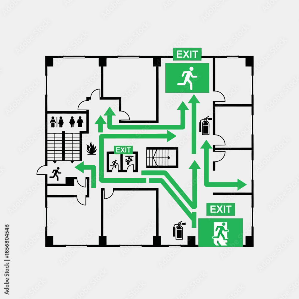 Detailed emergency exit plan with green arrows indicating escape routes ...