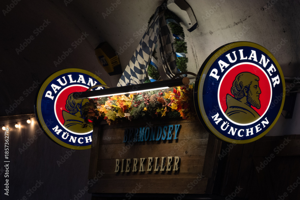 LONDON, UK - NOVEMBER 12, 2025: Illuminated sign for Bermondsey ...