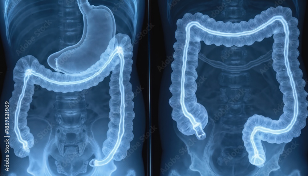 Fotografie X-ray scan shows human digestive tract stomach large ...