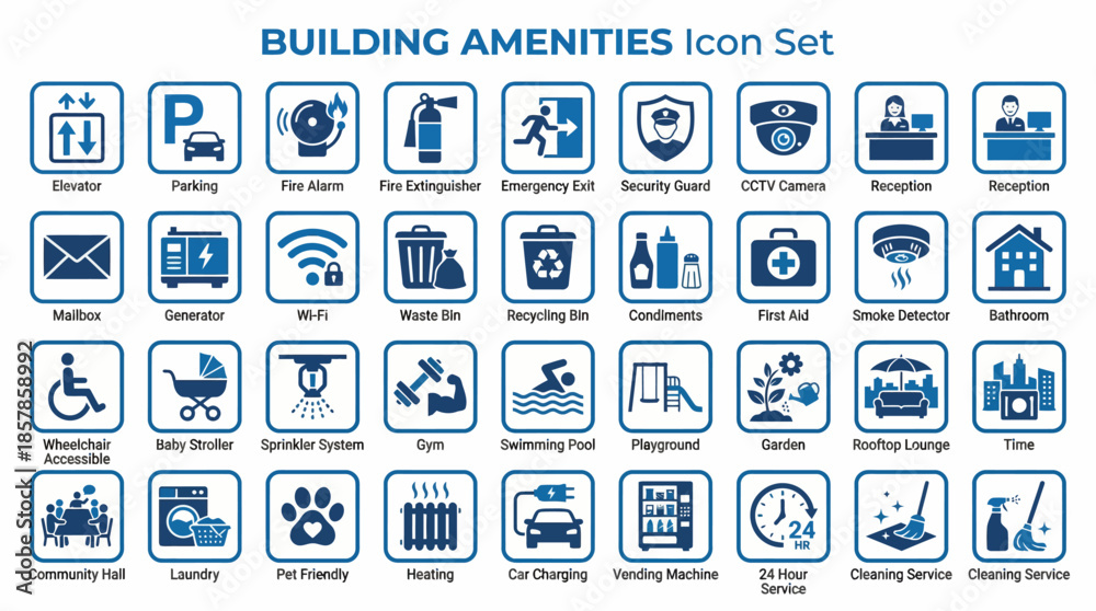 Building Amenities Icon Set with Elevator, Gym, Rooftop Lounge, and Pet ...