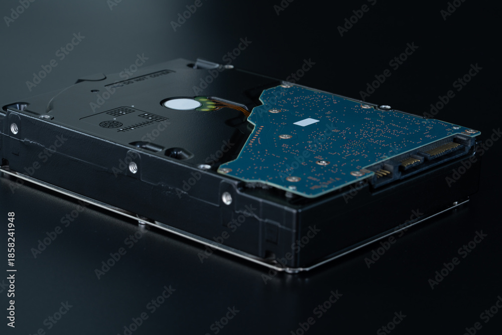 Hard disk drive internal storage device on dark background, used in ...