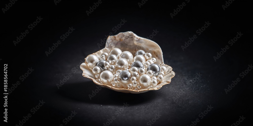 White and gray pearls arranged inside a pearlized seashell on black ...