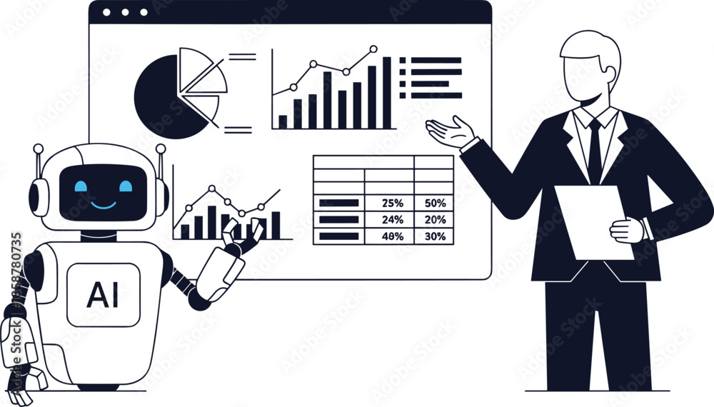 Artificial intelligence robot assisting business presentation with data ...