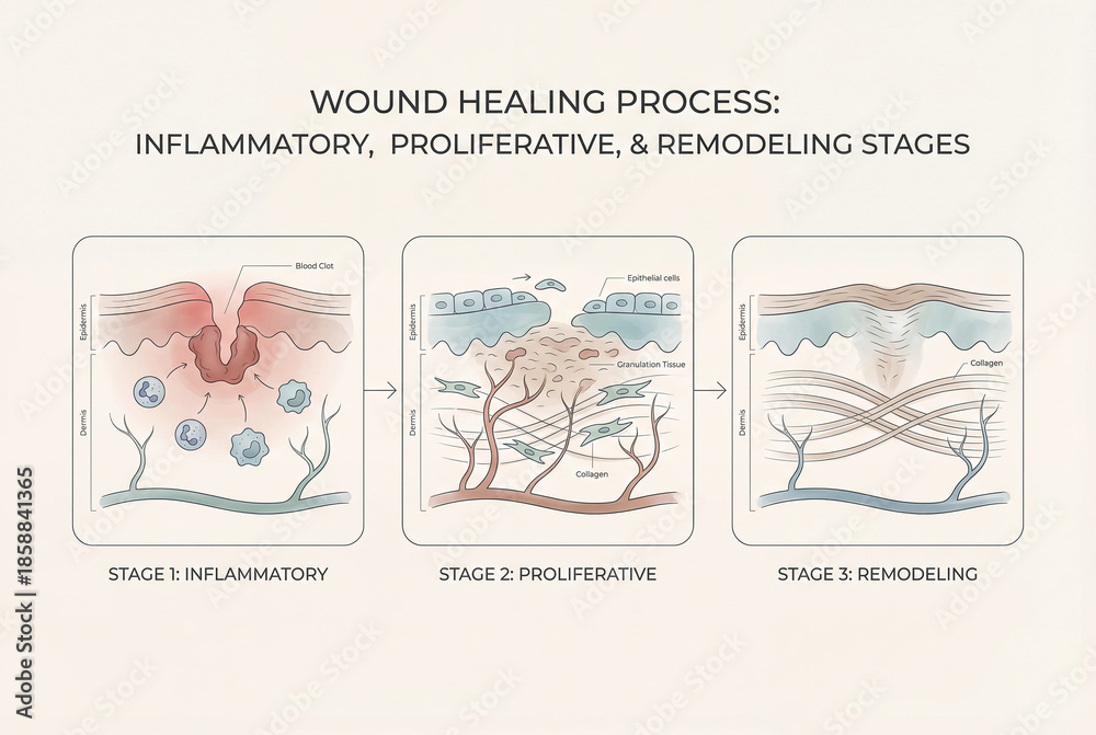 Diagram of wound healing stages illustrating inflammatory ...