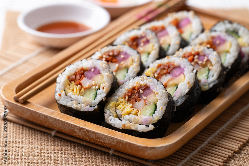 Kimbap, Korean food made from cooked rice with vegetables, egg and ...