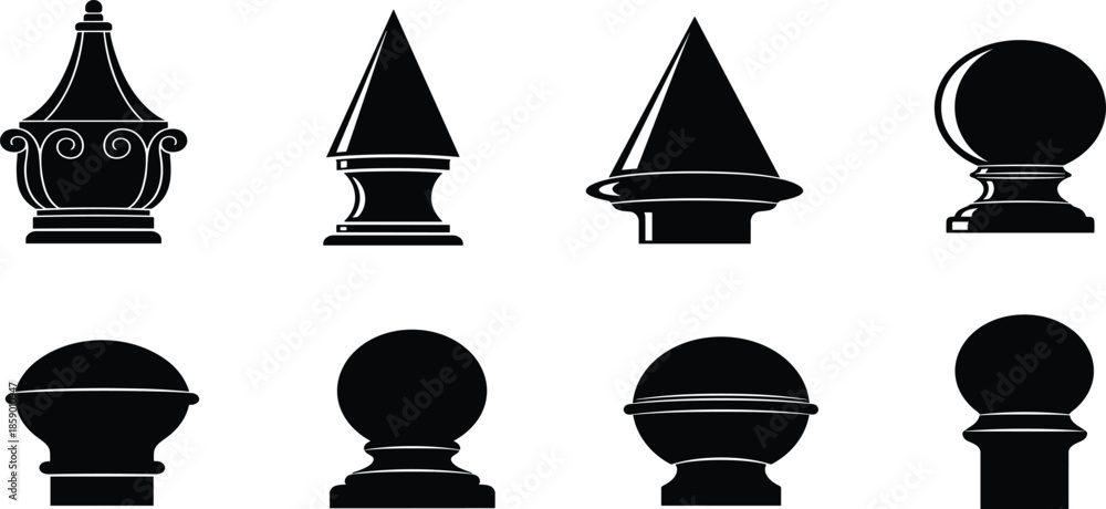 Set of black silhouettes of architectural post caps finials and fence ...