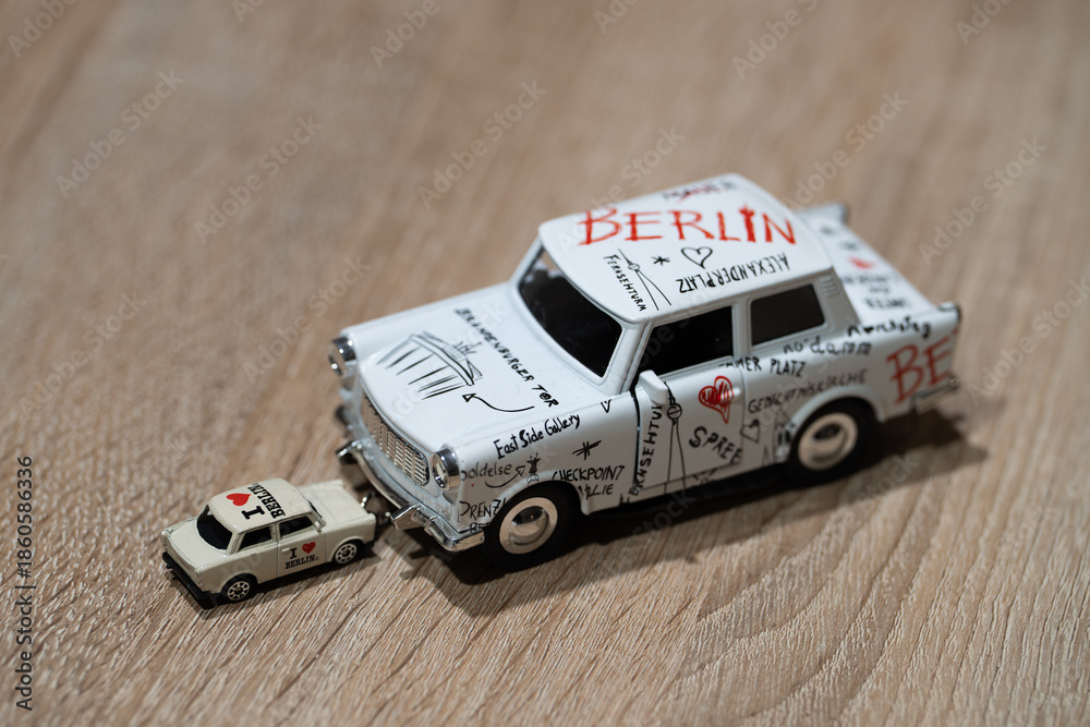 Berlin Germany 30 December 2025. Two toy Trabant cars, the iconic East ...