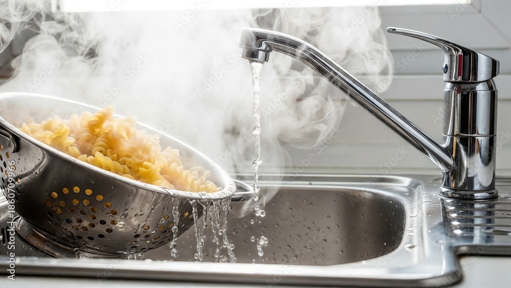 Steaming hot fusilli pasta being expertly drained in a modern kitchen ...