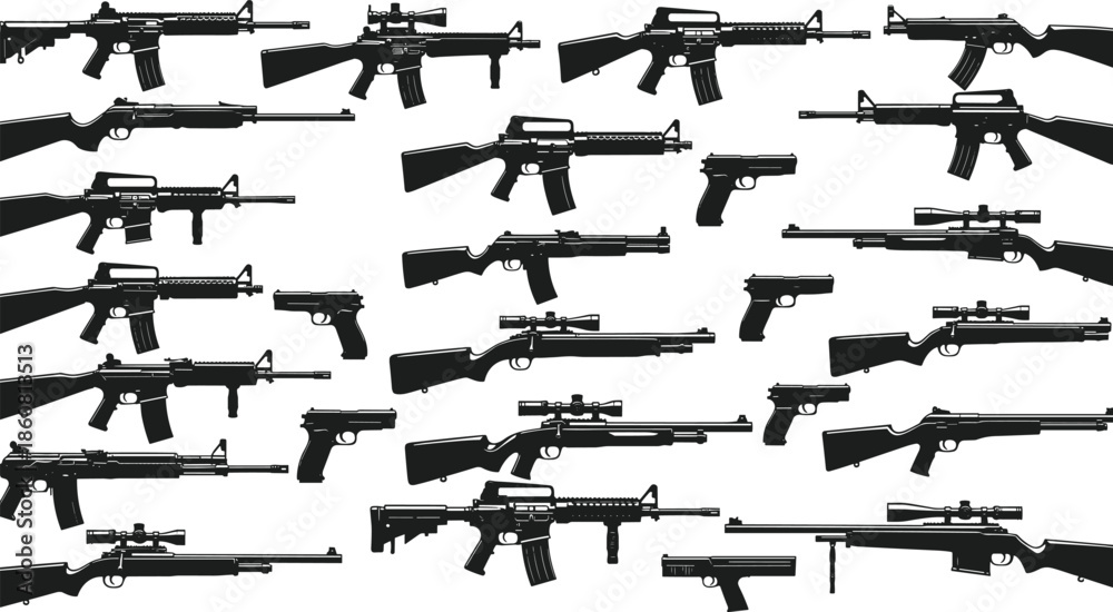 Firearm silhouettes vector illustration, rifles and handguns, black and ...