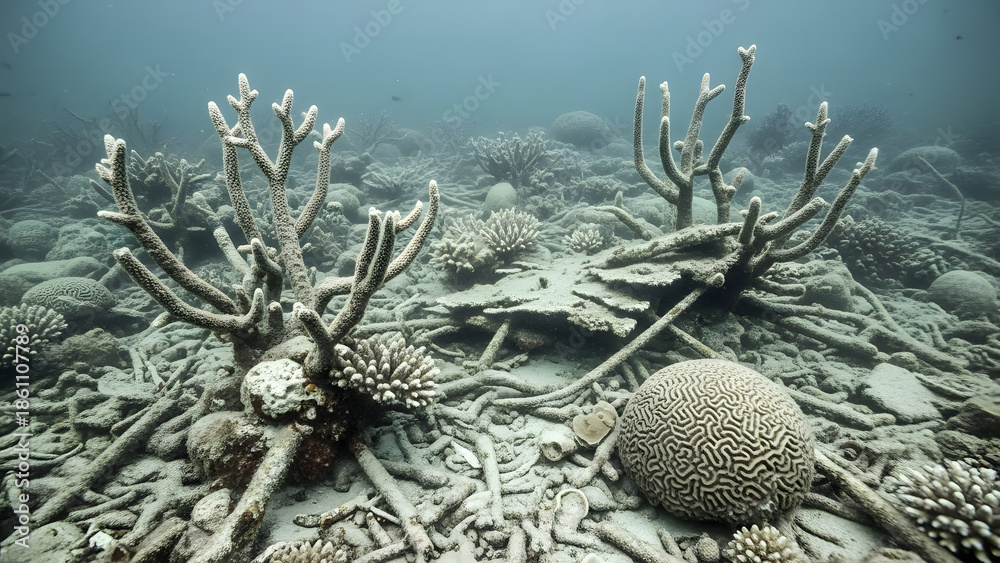 Underwater landscape of a severely bleached and dying coral reef, a ...