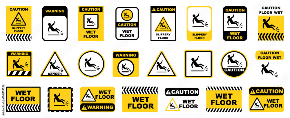 Wet floor warning signs with slipping person symbols. Safety caution ...