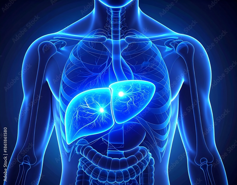 Glowing blue human body showing internal organs の Stock フォト | Adobe Stock