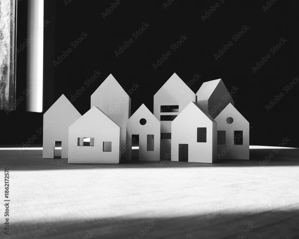 Miniature White Houses in Black and White village architecture Stock ...