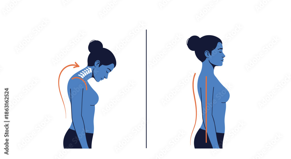 Medical diagram comparing bad hunched posture with correct straight ...