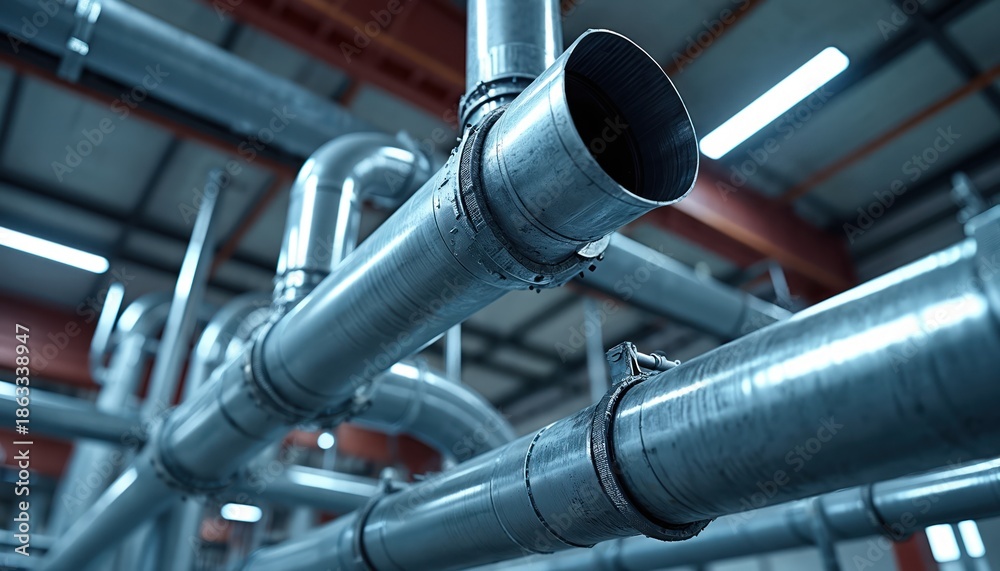 Industrial pipes, ventilation ducts form complex network inside modern ...