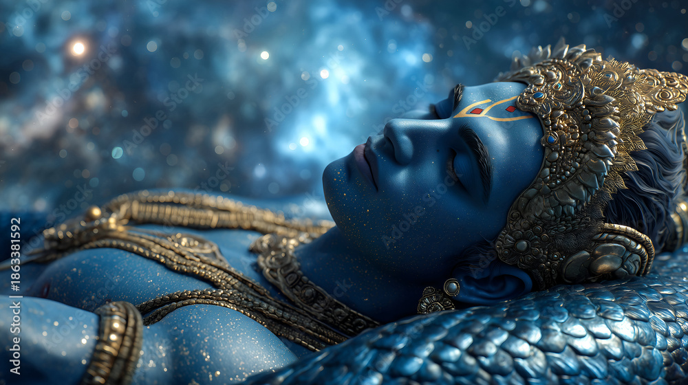 Celestial Lord Vishnu reclining on serpent Ananta in star‑filled cosmic ...