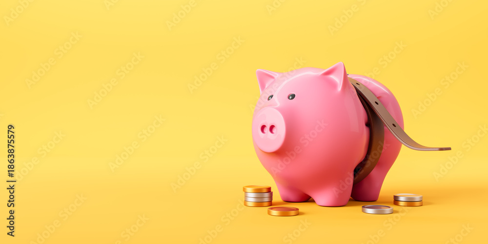 Pink piggy bank with tightened belt and scattered coins symbolizing ...