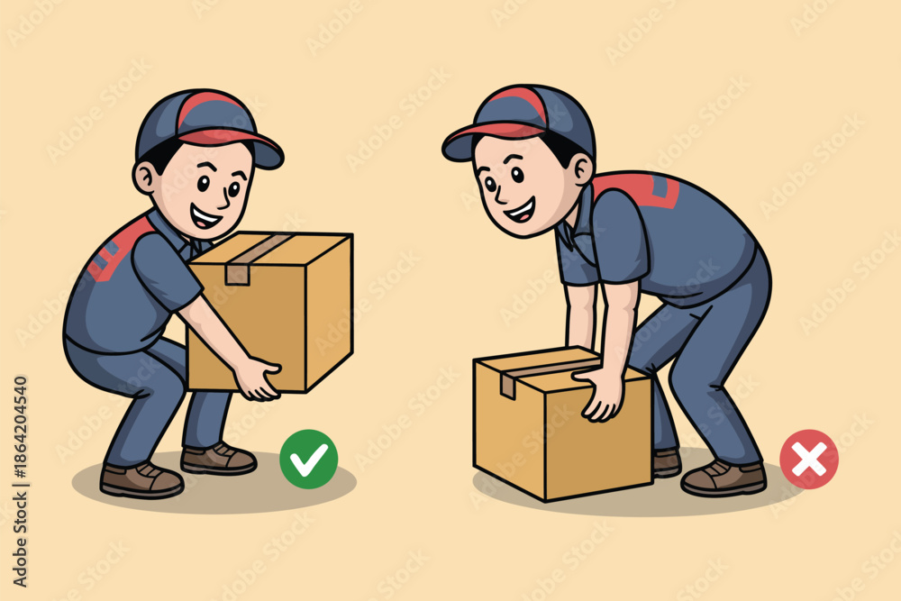 Proper and Improper Lifting Techniques for Heavy Boxes, cartoon vector ...