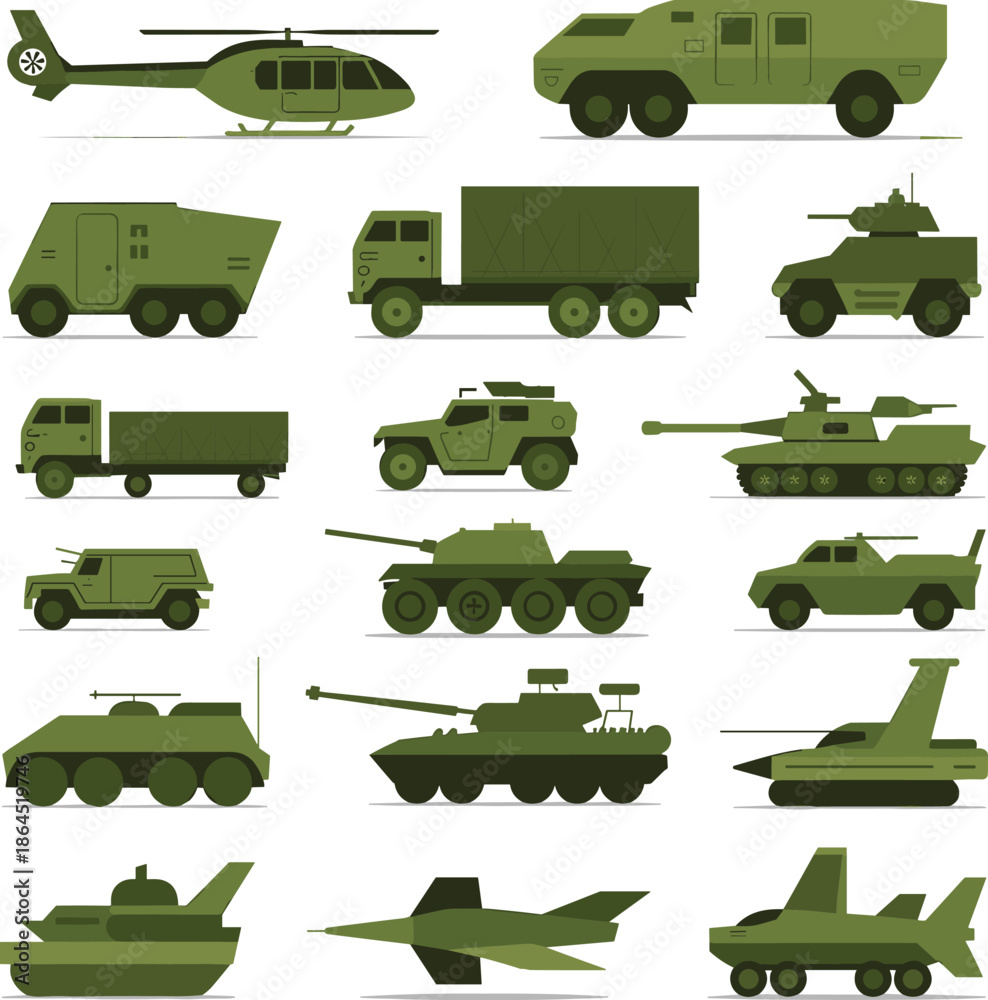Military Vehicle Collection Featuring Green Army Tanks, Armored ...