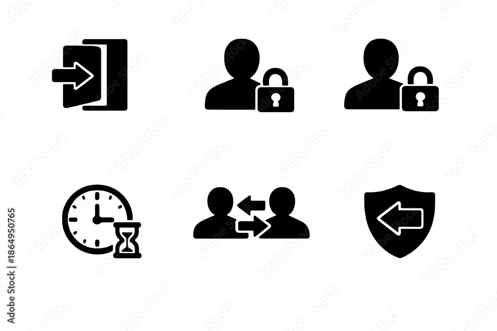 Account control and logout icon set with session management and ...